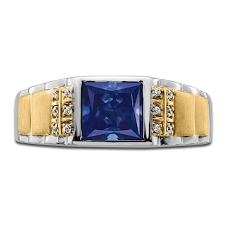Men's Blue Lab-Created Sapphire Ring 1/20 ct tw Diamonds 14K Two-Tone ...
