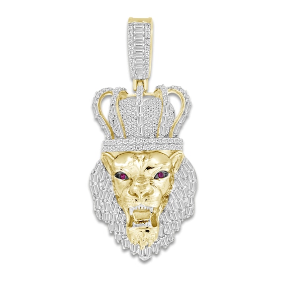 Men's Diamond & Lab-Created Ruby Lion Charm 1 ct tw Round/Baguette 10K ...