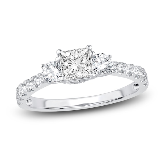 Diamond 3-Stone Engagement Ring 1-1/4 ct tw Princess/Round 14K White ...
