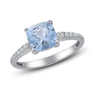 Cushion-Cut Natural Aquamarine & Diamond Engagement Ring 1/8 ct tw 14K ...