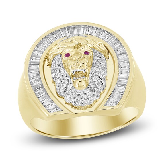 Men's Diamond & Lab-Created Ruby Lion Ring 1/2 ct tw Round/Baguette 10K ...