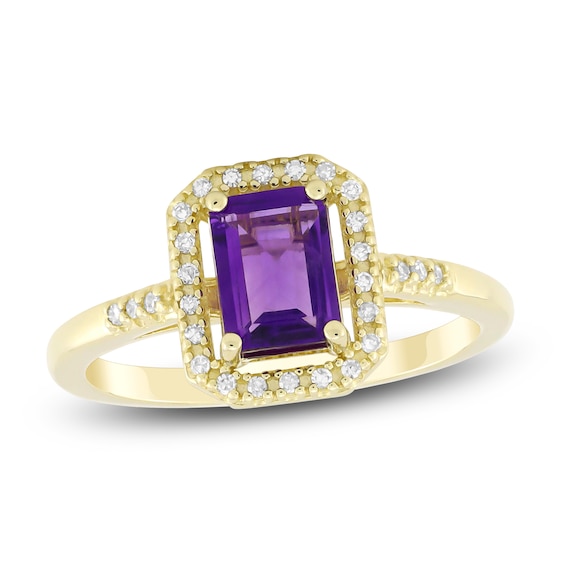 Rectangle-Cut Natural Amethyst & Diamond Ring 1/10 ct tw 10K Yellow ...